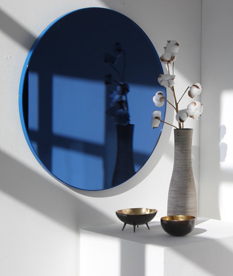 Orbis Blue Tinted Round Contemporary Mirror with a Blue Frame, Medium ...