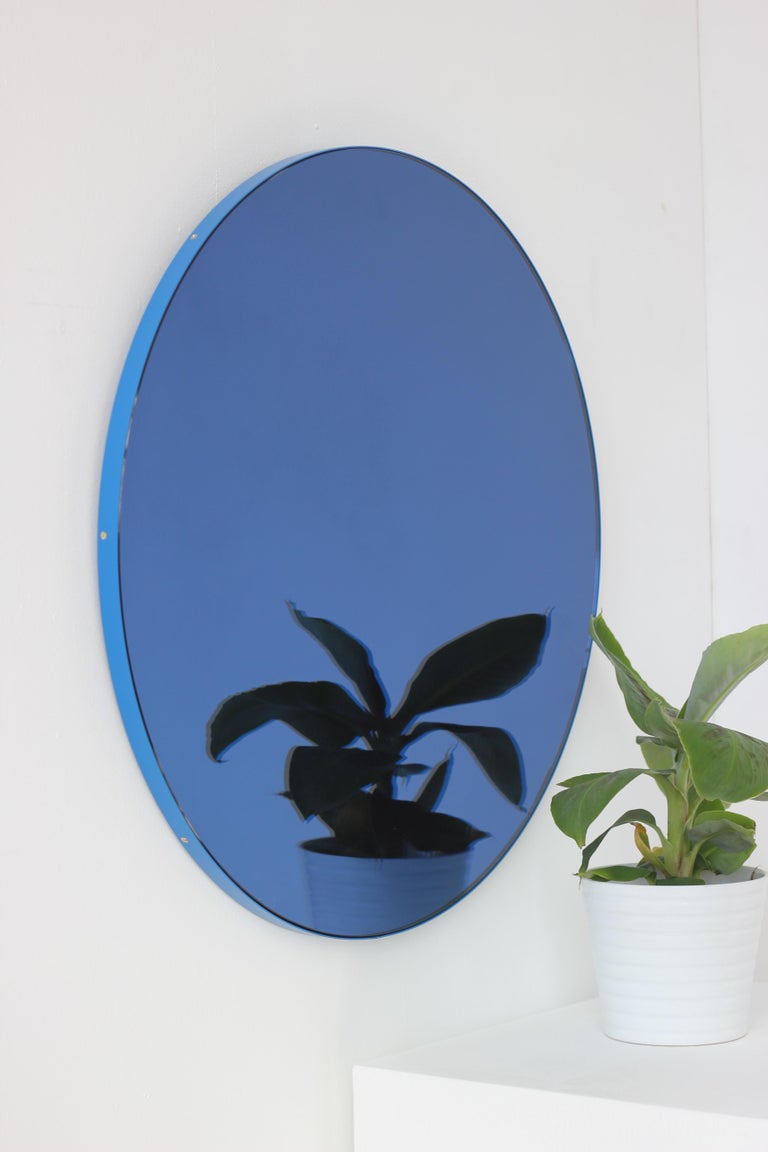 Orbis Blue Tinted Round Contemporary Mirror with a Blue Frame, Medium ...