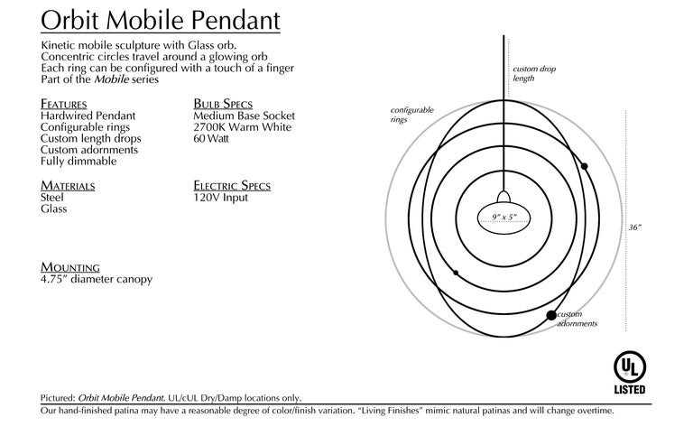 Orbit Mobile Pendant Kinetic Sculpture w/ Blown Glass and Adorned Steel ...