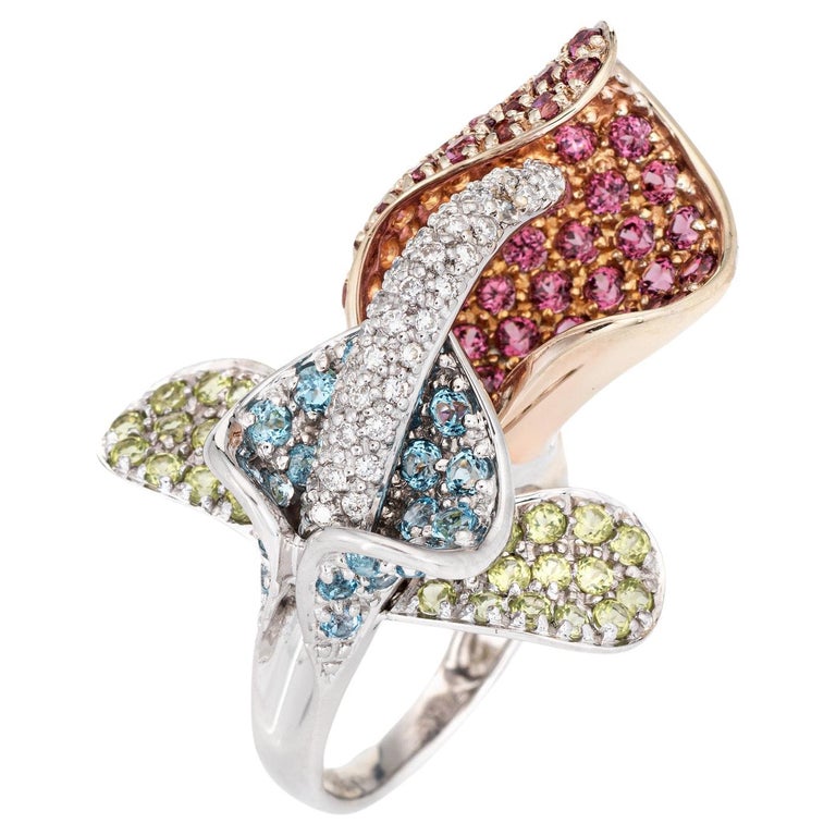 Orchid Ring Diamond Colored Sapphire 18k White Gold Estate Flower Jewelry For Sale at 1stDibs