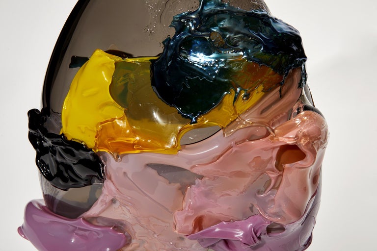Ore II, a grey, pink, yellow, teal and dark blue glass artwork by ...