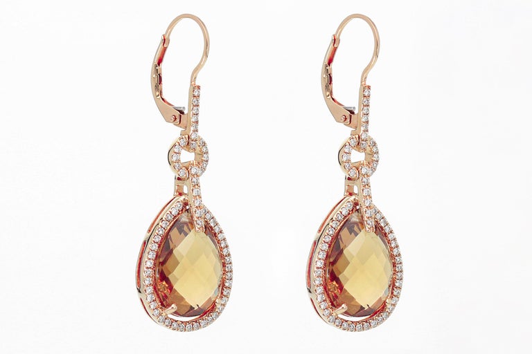 Orecchini Pendenti con n° 124 Diamanti e Topazio Giallo, Oro 18kt Made ...