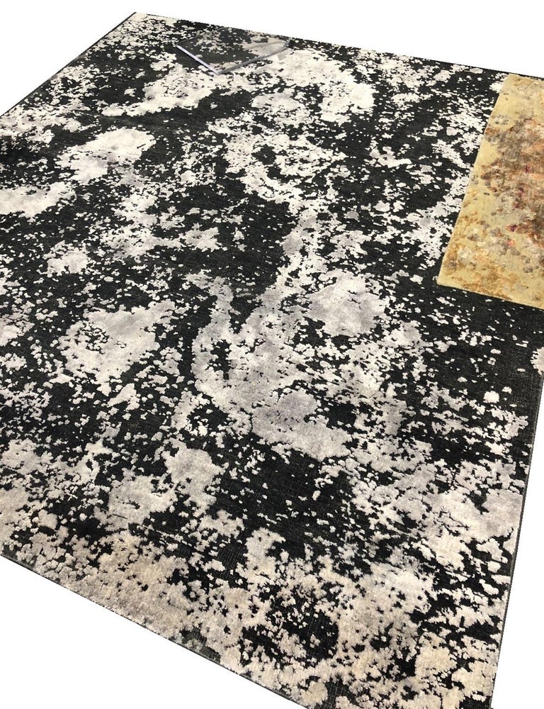 Black Grey Abstract Sustainable Wool Silk Hand-knotted Rug in Stock or ...