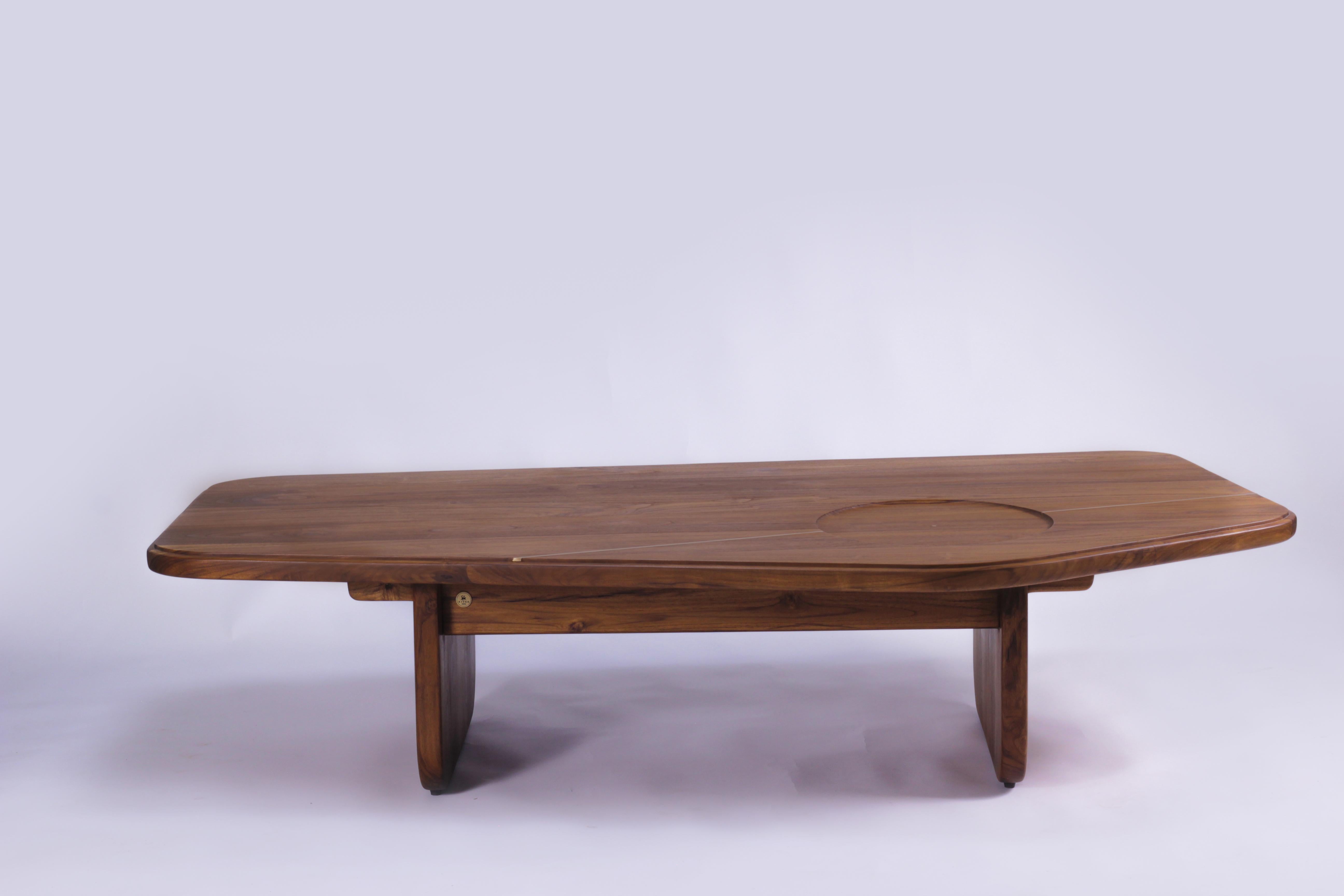 Organic Minimal Handcrafted Solid Wood Oak Coffee Table with Brass Inlay For Sale at 1stDibs