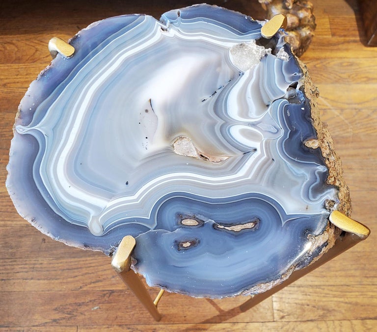 Organic Modern Blue White Gray Geode Drink Table with Gold Gilt Base at ...