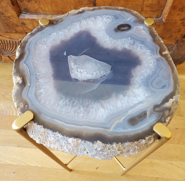 Organic Modern Blue White and Gray Geode Drink Table with Gold Gilt ...
