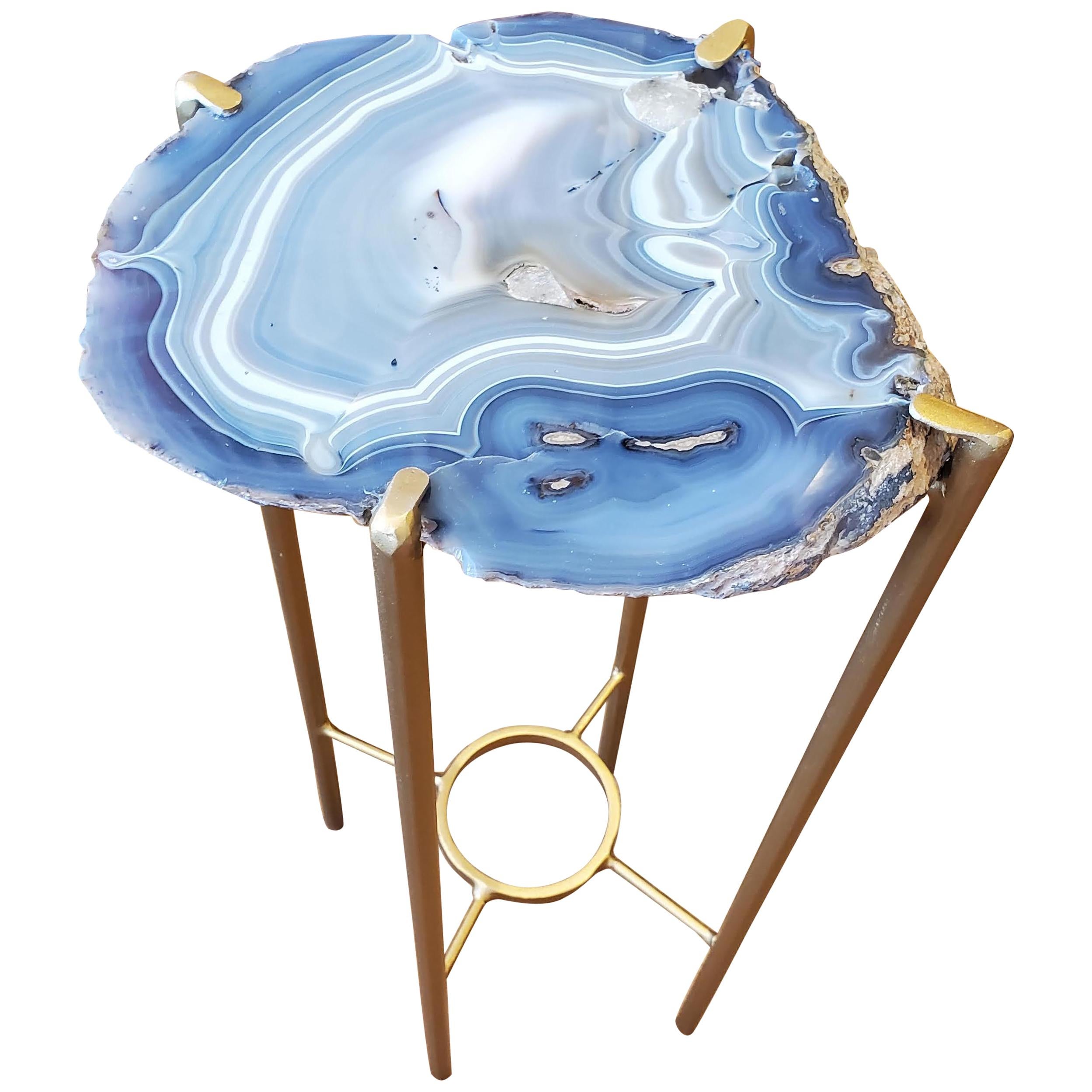 Organic Modern Blue White Gray Geode Drink Table with Gold Gilt Base at ...
