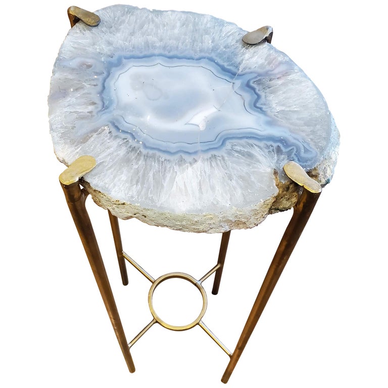 Organic Modern Clear Crystal Blue Gray Agate Geode Side Table at 1stDibs
