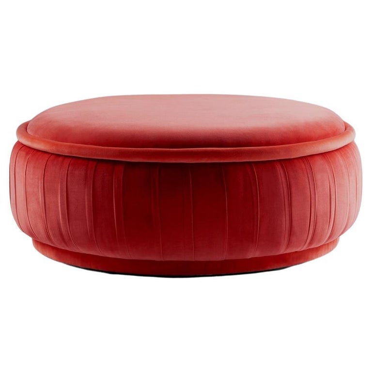 Organic Modern Coral Pouf Malibu in Red Cotton Velvet For Sale at 1stDibs