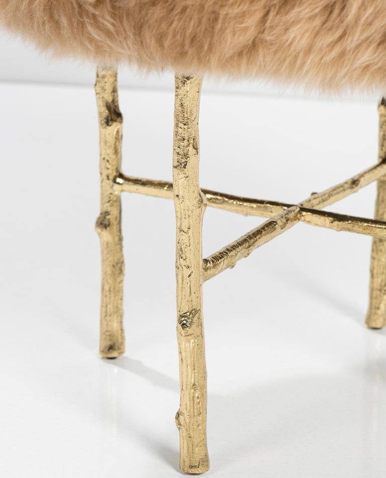 Organic Modern Country Stool in Polished Brass Cast and Natural Camel ...