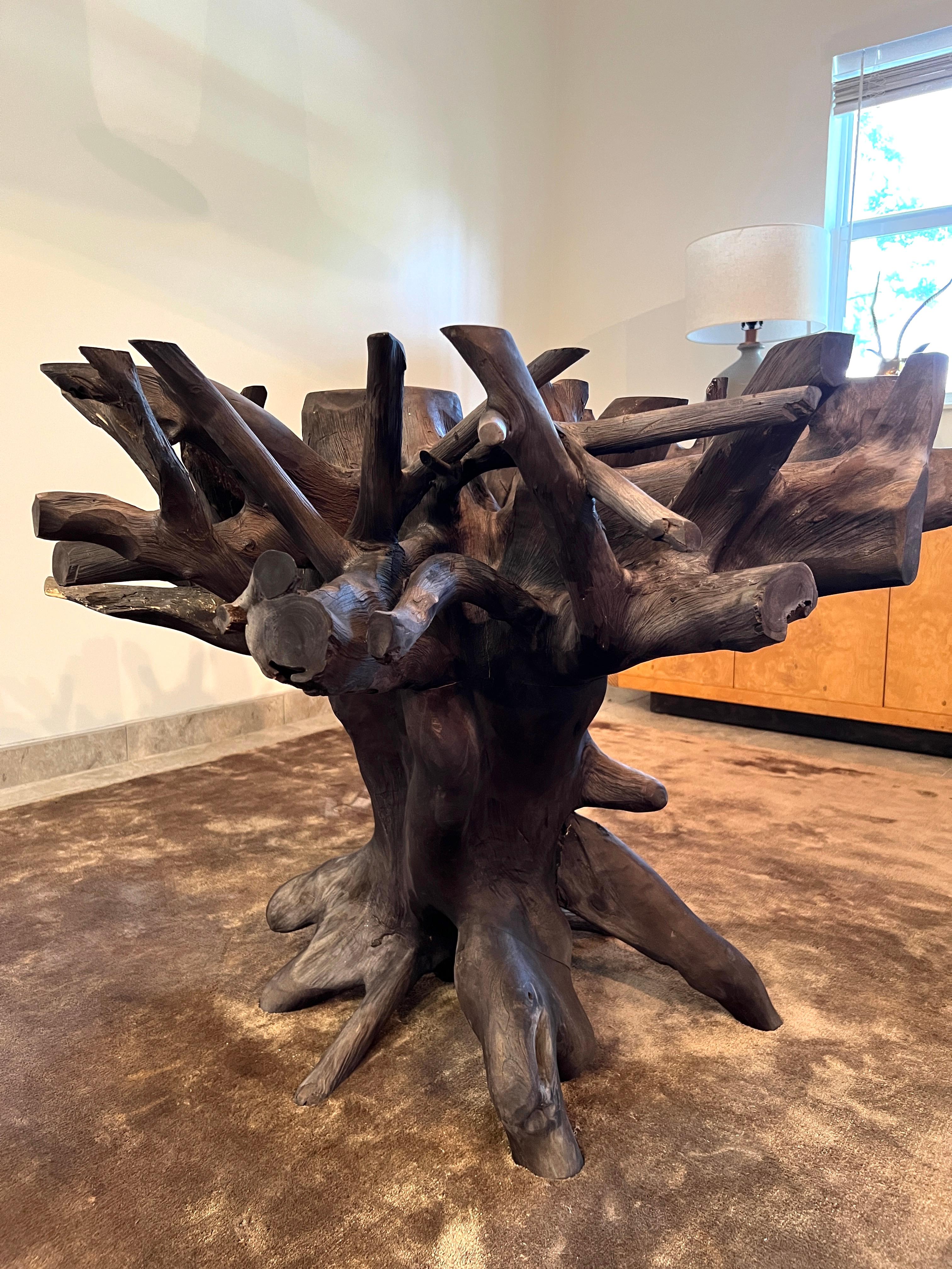Round Dining Table in Reclaimed Charred Teak Root Wood and Glass ...