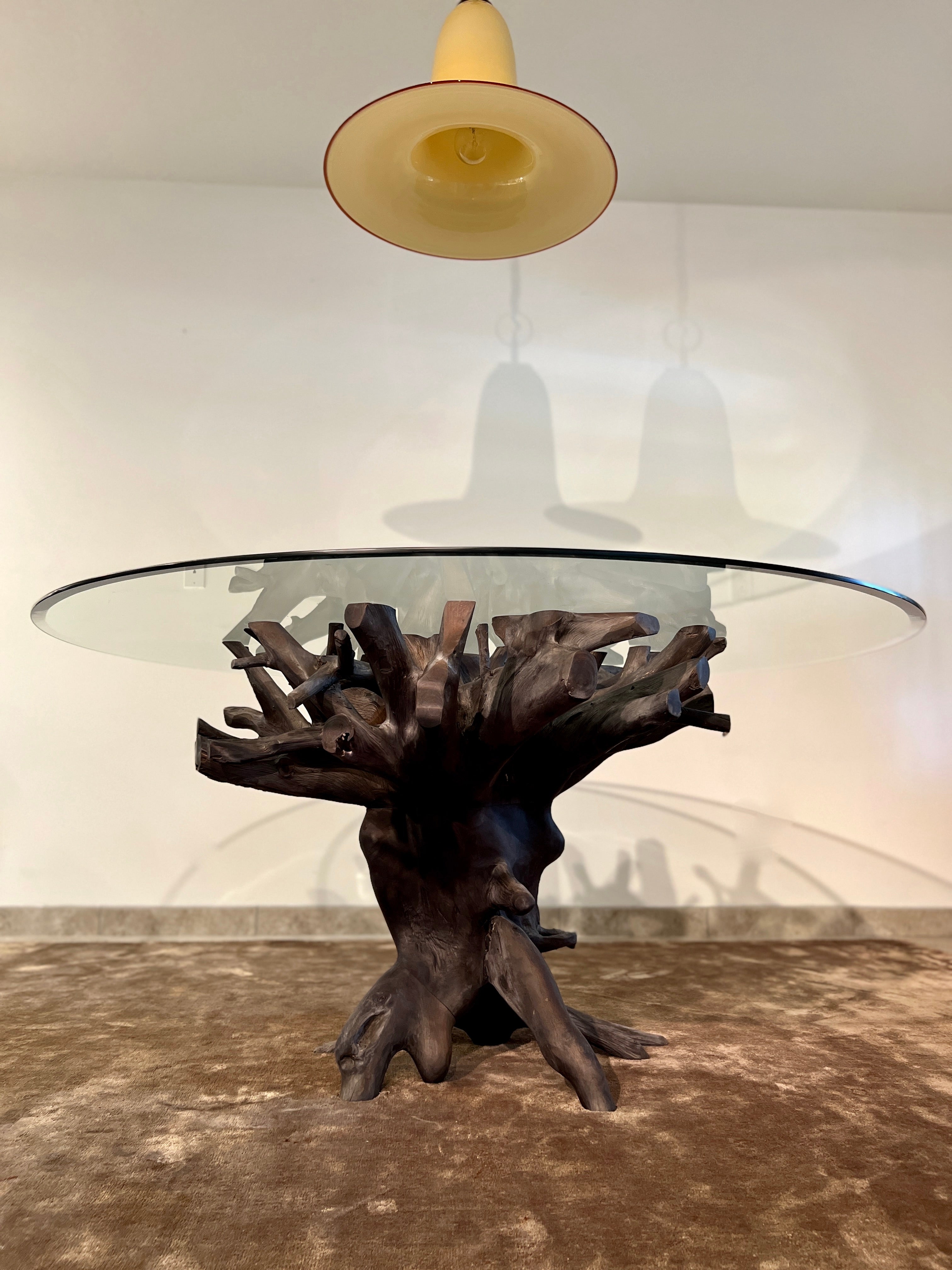 Round Dining Table in Reclaimed Charred Teak Root Wood and Glass ...