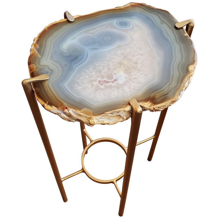 Organic Modern Green Brown Blue White Geode Drink Table with Gold Gilt ...