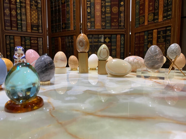 Organic Modern Hand Carved Stone Egg Sculptural Set with Brass and ...
