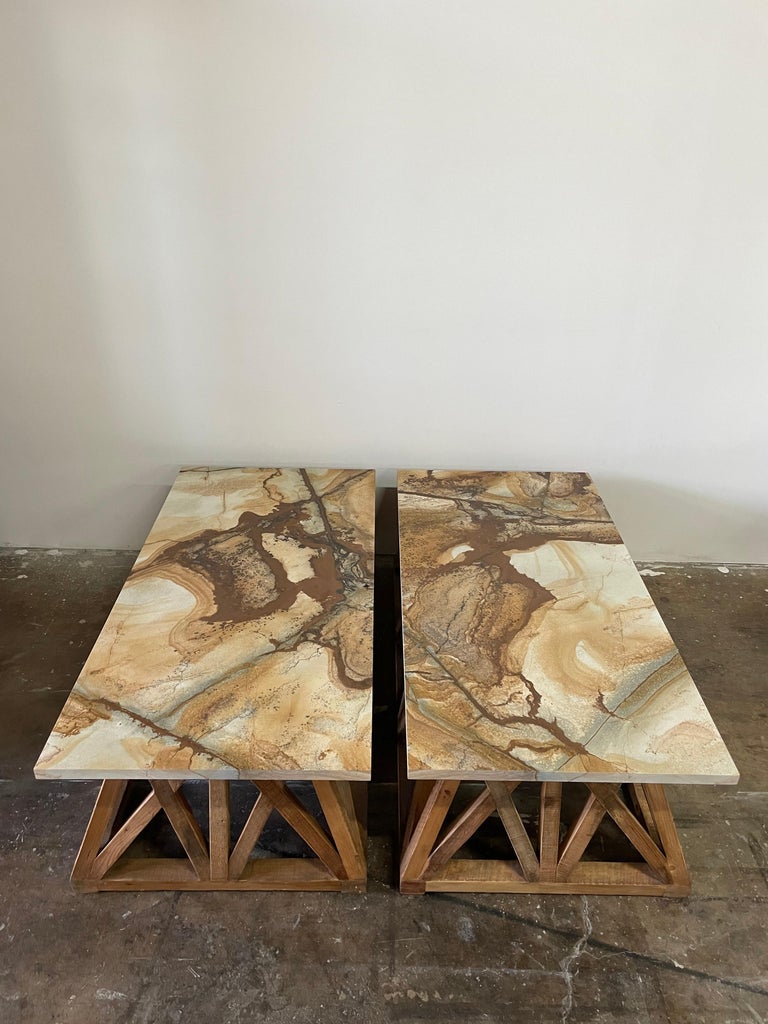 Organic Modern Lattice Wood Base with Marble Top Coffee Table at 1stDibs