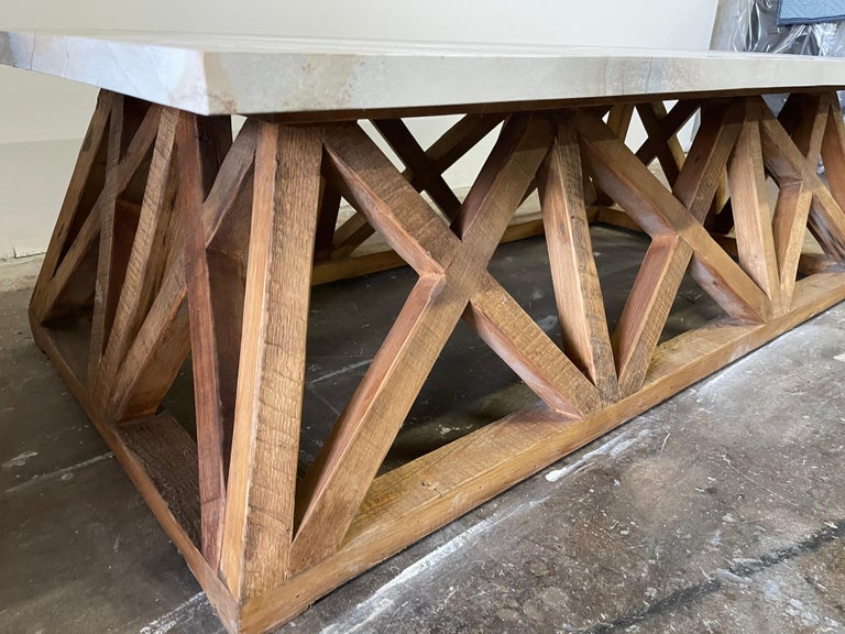 Organic Modern Lattice Wood Base with Marble Top Coffee Table at 1stDibs