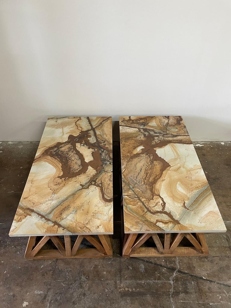 Organic Modern Lattice Wood Base with Marble Top Coffee Table For Sale ...