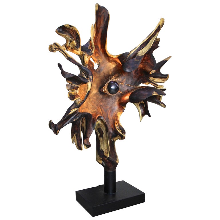 Organic Modern Lightning Sculpture, Sonokeling Wood On Black Metal ...