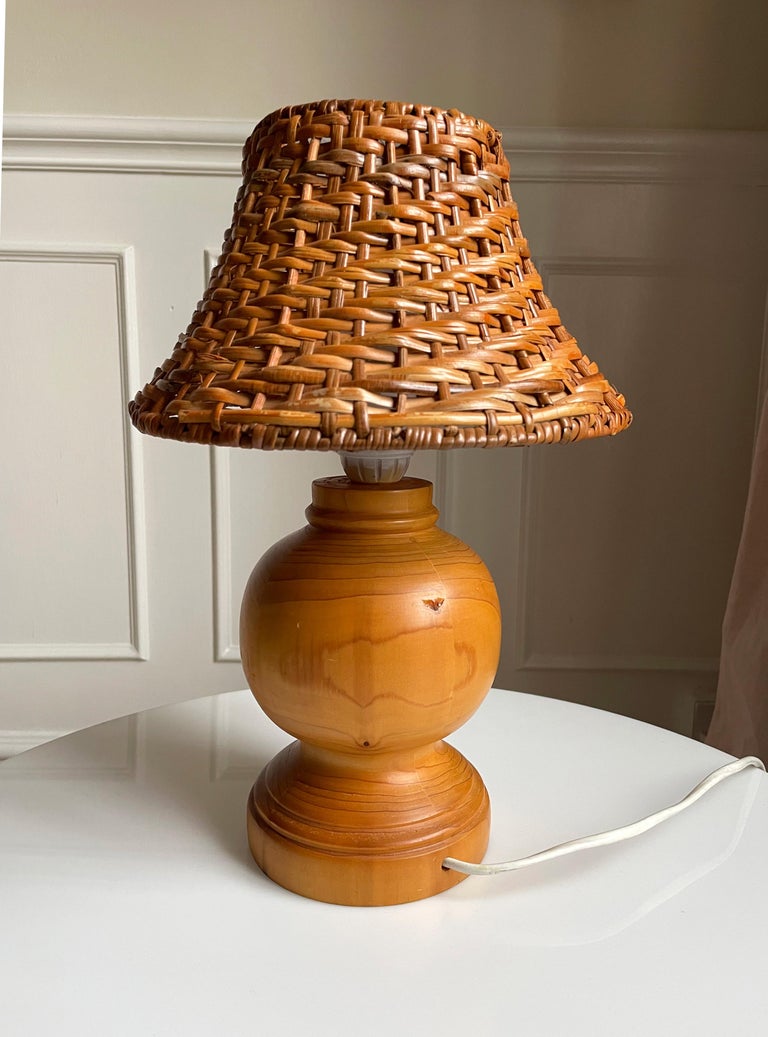 Organic Modern Pine Lamp Rattan Shade, Sweden, 1970s For Sale at 1stDibs