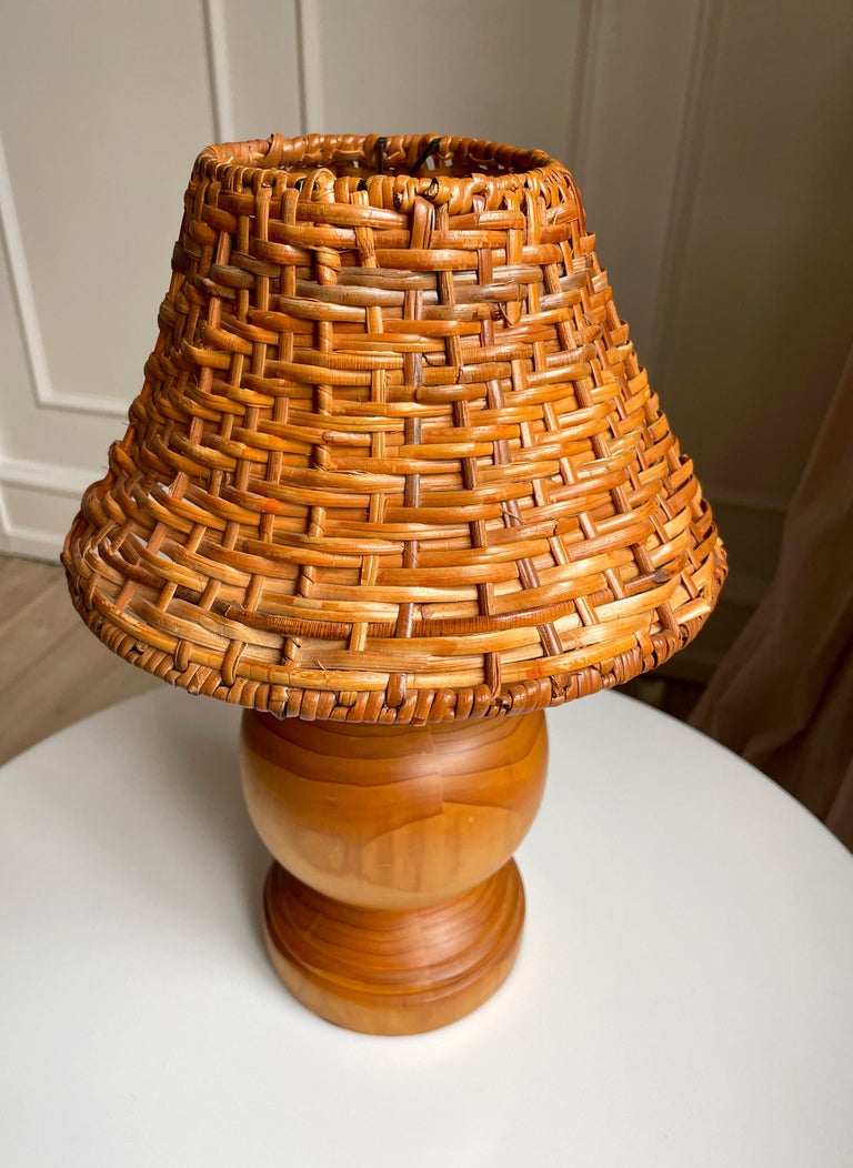 Organic Modern Pine Lamp Rattan Shade, Sweden, 1970s For Sale at 1stDibs