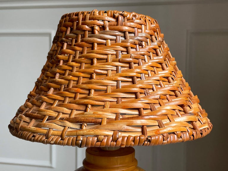 Organic Modern Pine Lamp Rattan Shade, Sweden, 1970s For Sale at 1stDibs