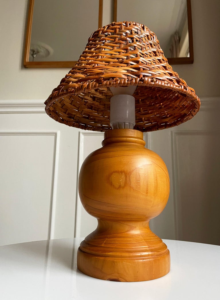 Organic Modern Pine Lamp Rattan Shade, Sweden, 1970s For Sale at 1stDibs