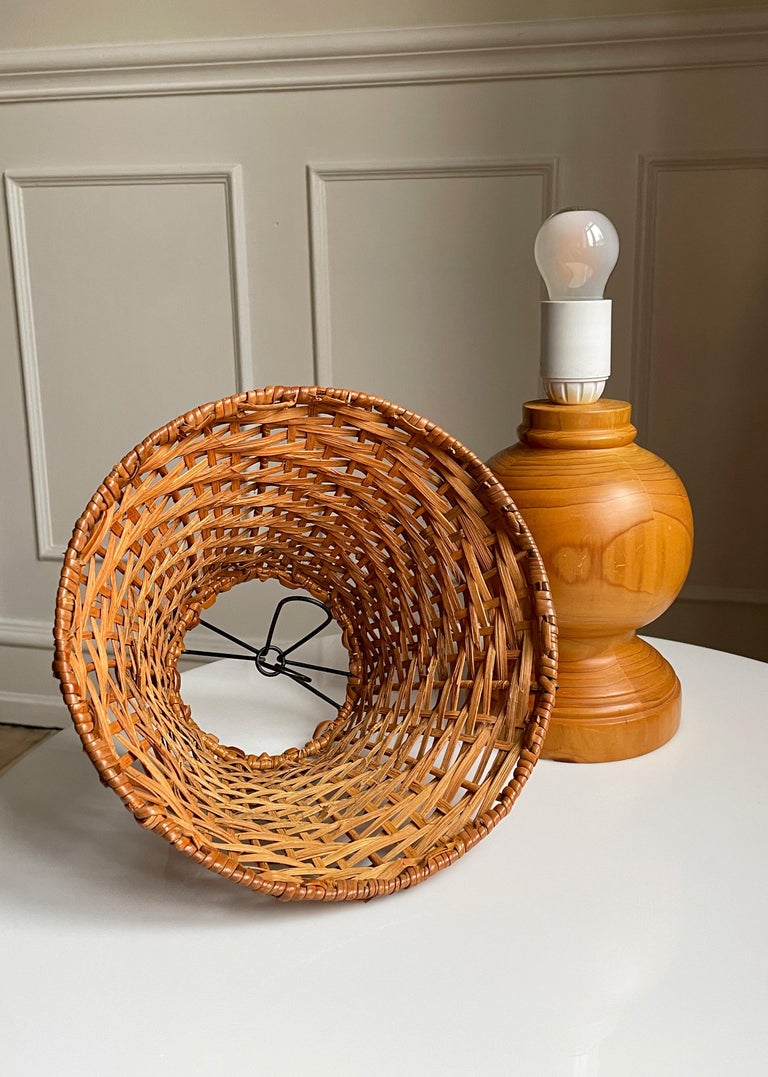 Organic Modern Pine Lamp Rattan Shade, Sweden, 1970s For Sale at 1stDibs