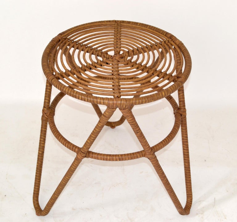 Organic Modern Sculptural 3-Legged Stool Wrought Iron Hand-Woven Cane ...