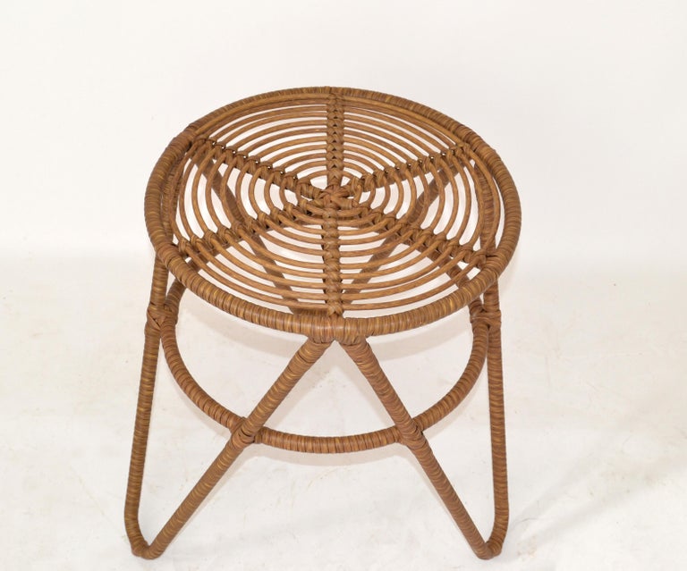 Organic Modern Sculptural 3-Legged Stool Wrought Iron Hand-Woven Cane ...