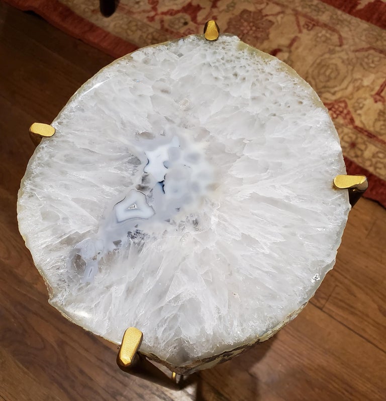 Organic Modern White Blue Gray Quartzite Geode Drink Table with Gold ...