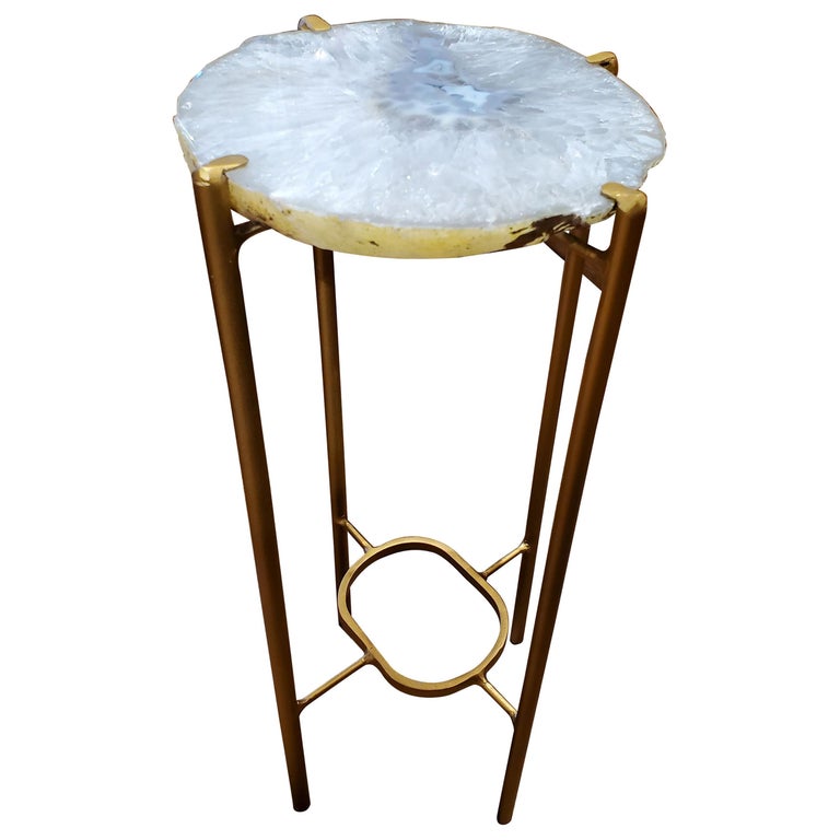 Organic Modern White Blue Gray Quartzite Geode Drink Table with Gold ...