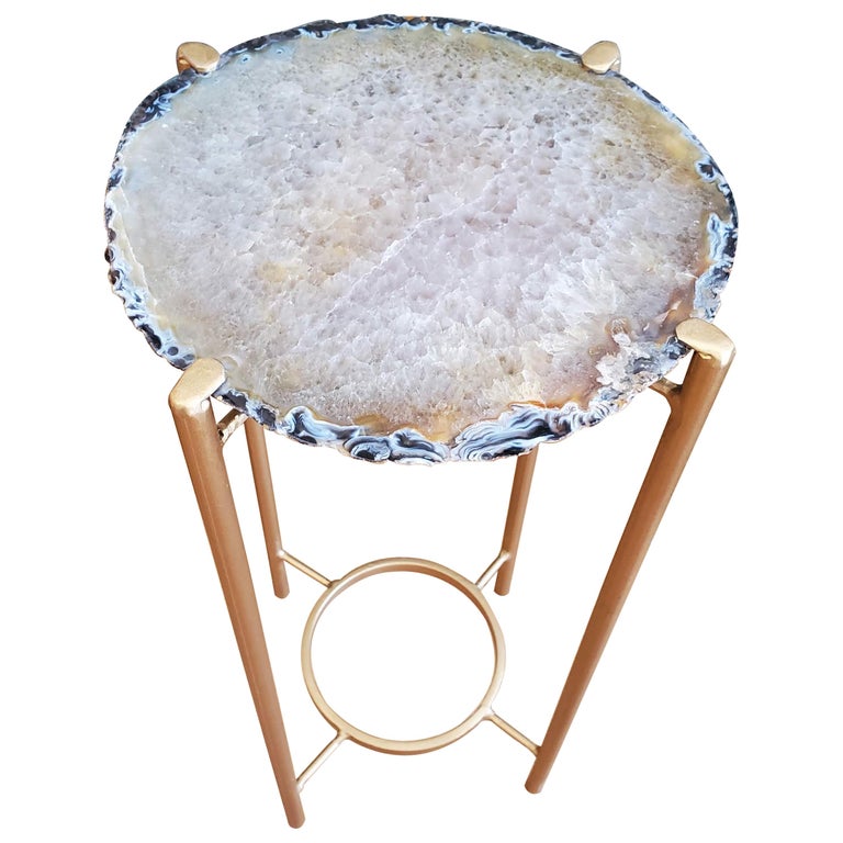 Organic Modern White Geode with Dark Brown Edge Drink Table with Gold ...