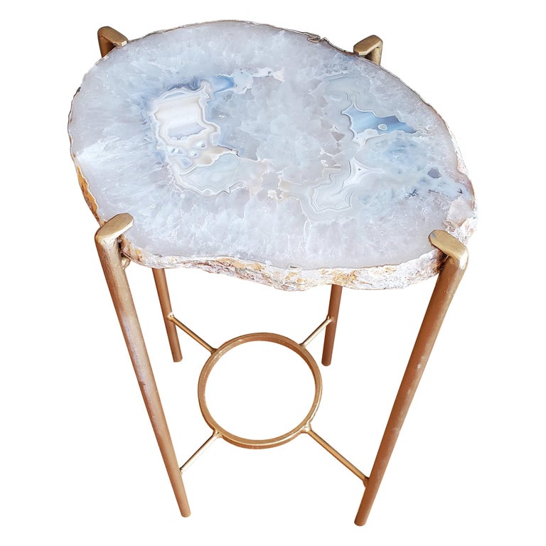 Organic Modern White Tan and Blue Geode Drink Table with Gold Gilt Base ...
