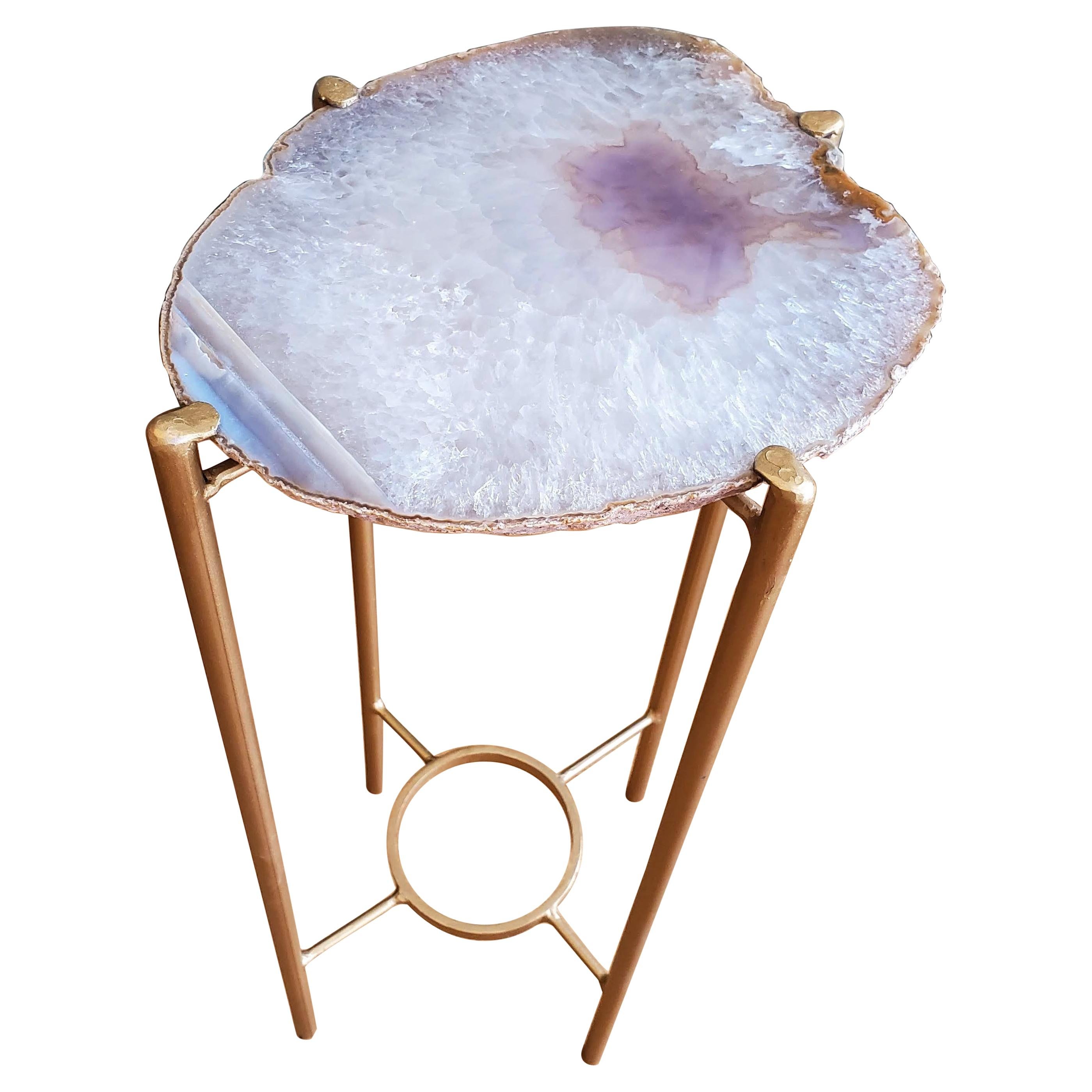 Organic Modern White with Tan Center Geode Drink Table with Gold Gilt ...
