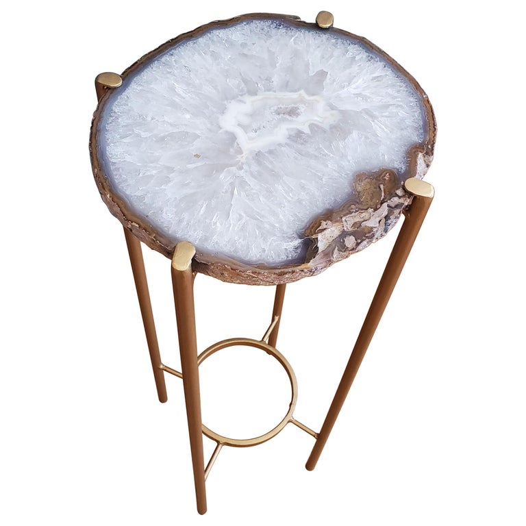 Organic Modern White with Blue Brown Edge Geode Drink Table with Gold ...