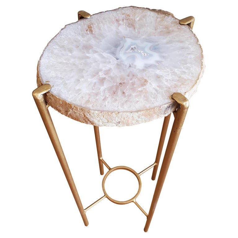 Organic Modern White with Blue Center Geode Drink Table with Gold Gilt ...