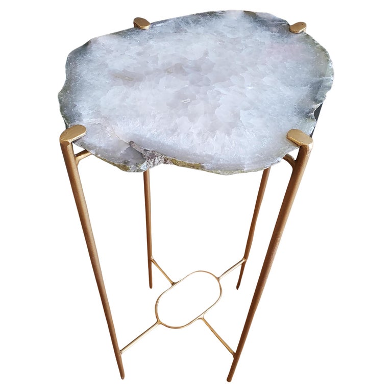 Organic Modern White with Gray Edge Geode Drink Table with Gold Gilt ...