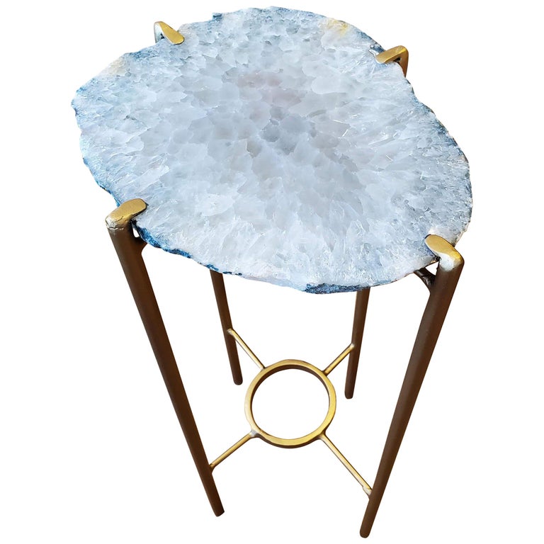 Organic Modern White with Green Edge Geode Drink Table with Gold Gilt ...