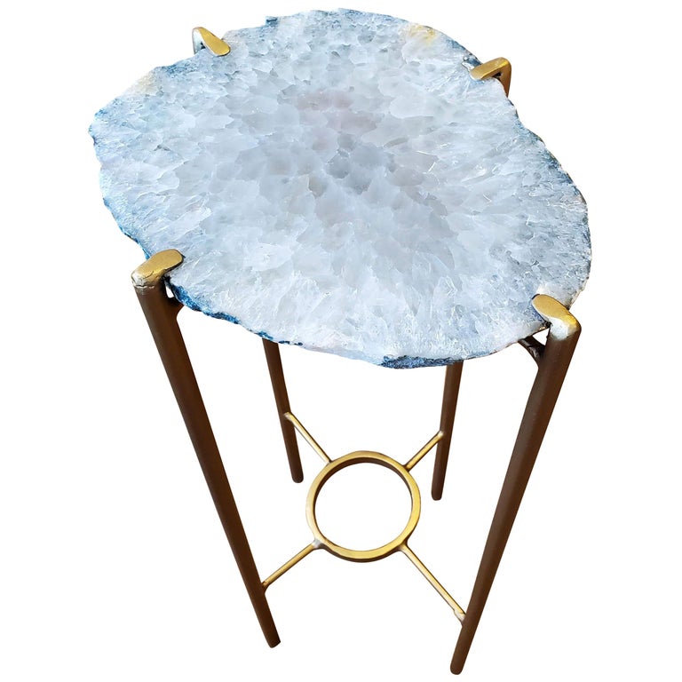 Organic Modern White with Green Edge Geode Drink Table with Gold Gilt ...