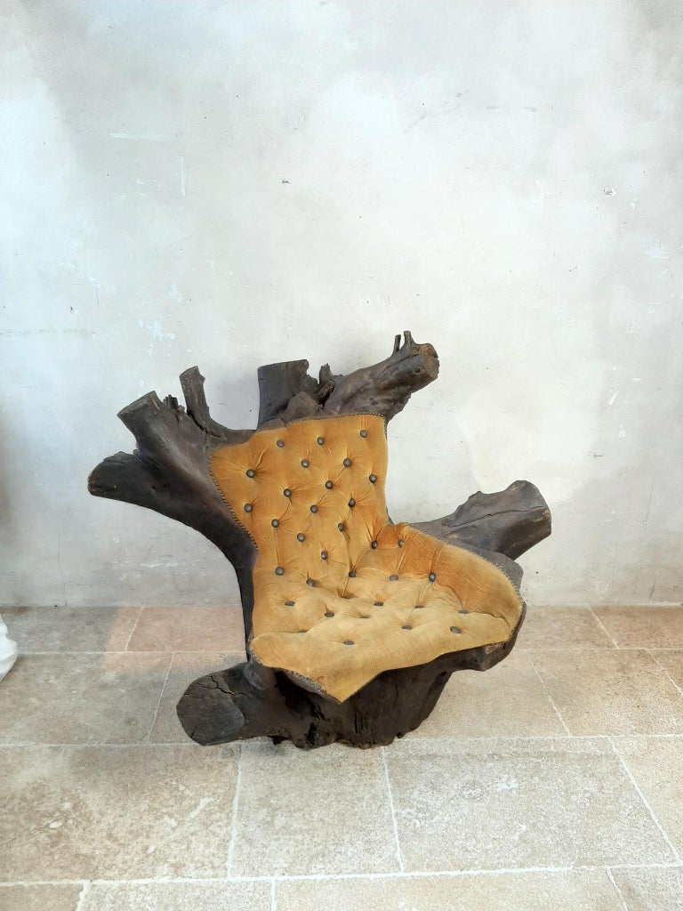 Organic Sculptural Tree Trunk Root Chair with Yellow Velvet Upholstery ...