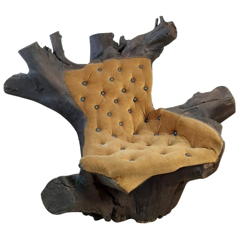 Organic Sculptural Tree Trunk Root Chair with Yellow Velvet Upholstery ...