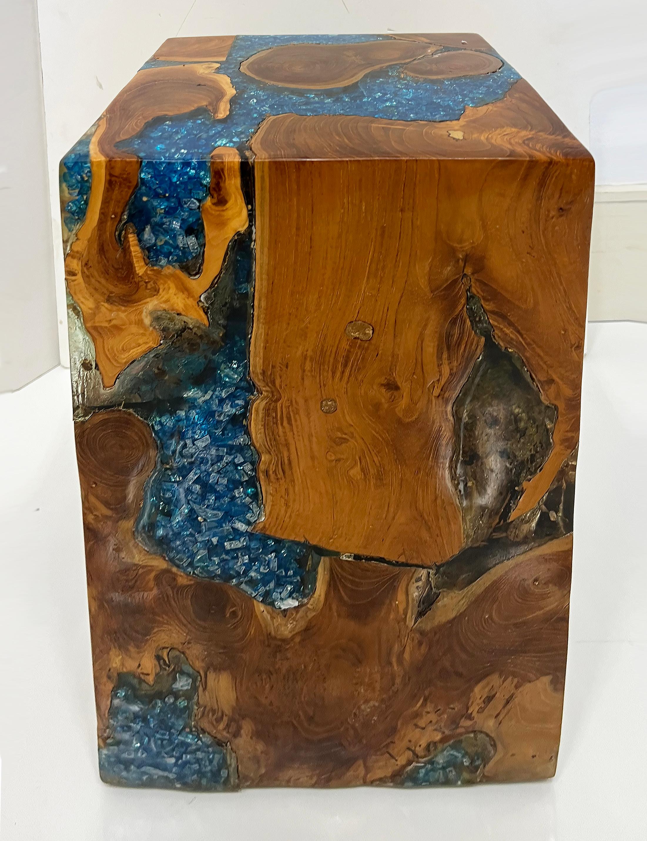 Organic Teak, Epoxy Resin and Crystals Side Table, Stool or Pedestal ...