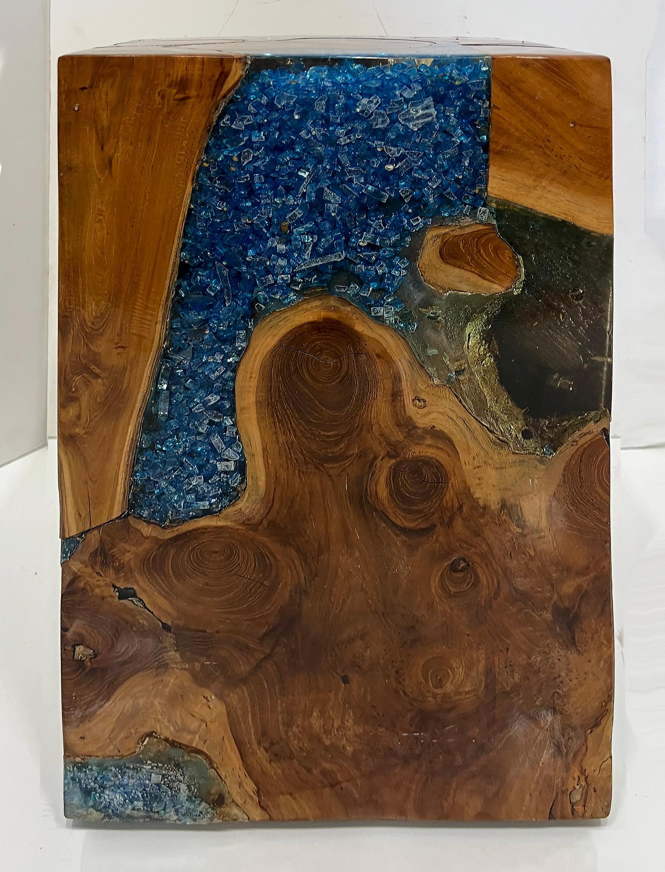Organic Teak, Epoxy Resin and Crystals Side Table, Stool or Pedestal ...
