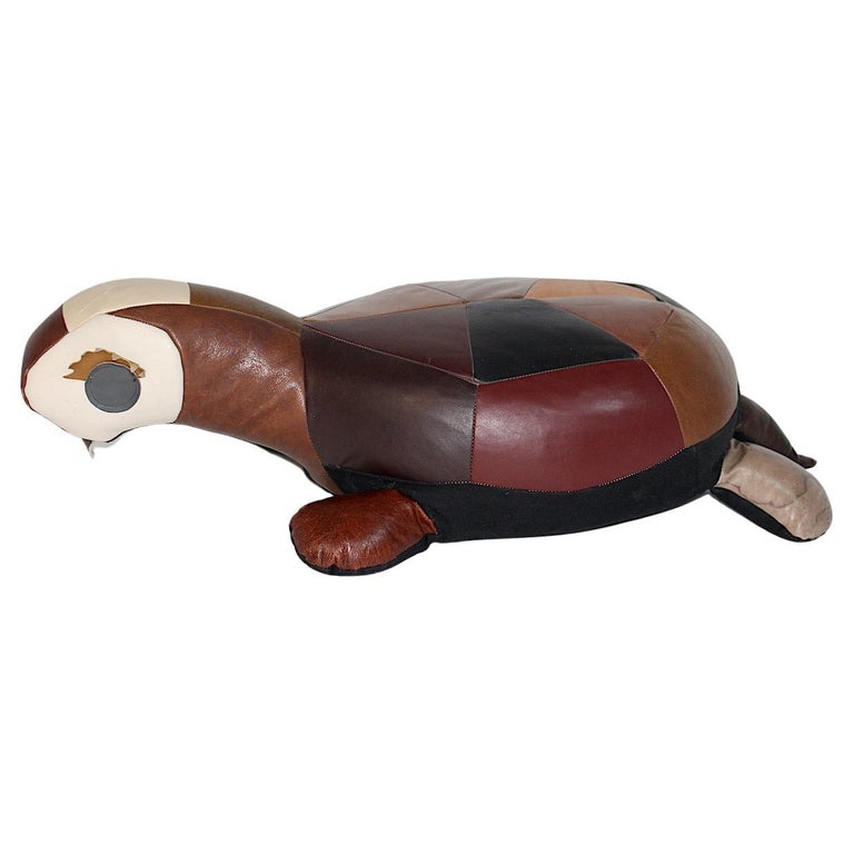Organic Vintage Animal Turtle Brown Patchwork Leather Footstool 1970s ...