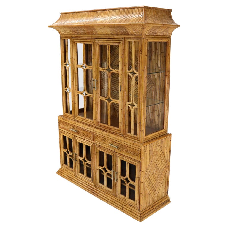 Oriental Asian Style Bamboo Rattan Hutch Buffet Display Cabinet Curio ...