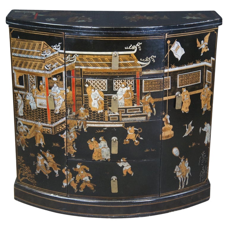 Oriental Black Lacquer Elm Demilune Glass Top Console Table Credenza ...