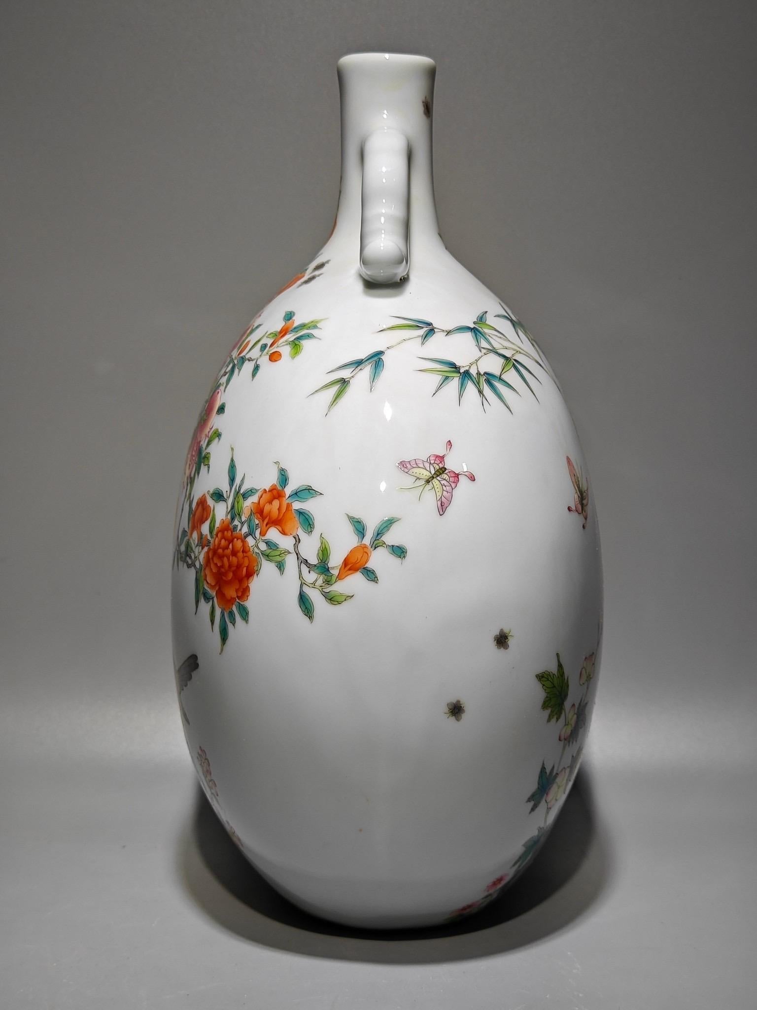 Oriental Handmade Porcelain Enamel Birds Flowers Flat Vase For Sale at ...