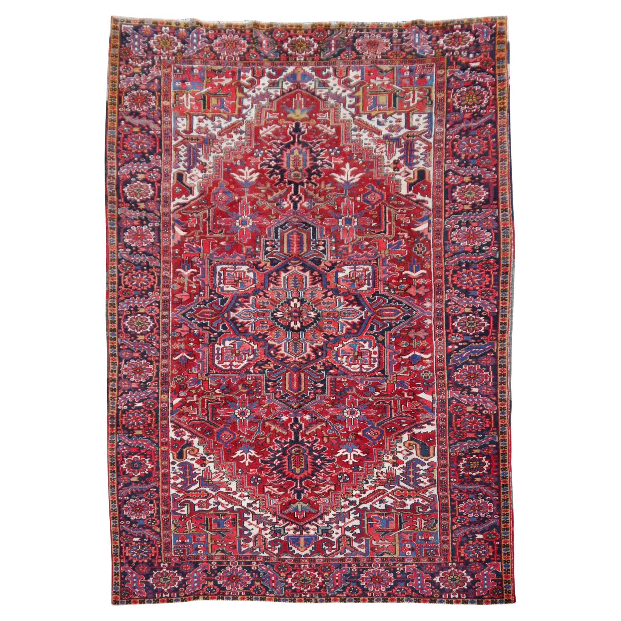 Antique Rug Mahi Design Haji Style Blue and Red Allover For Sale at 1stDibs