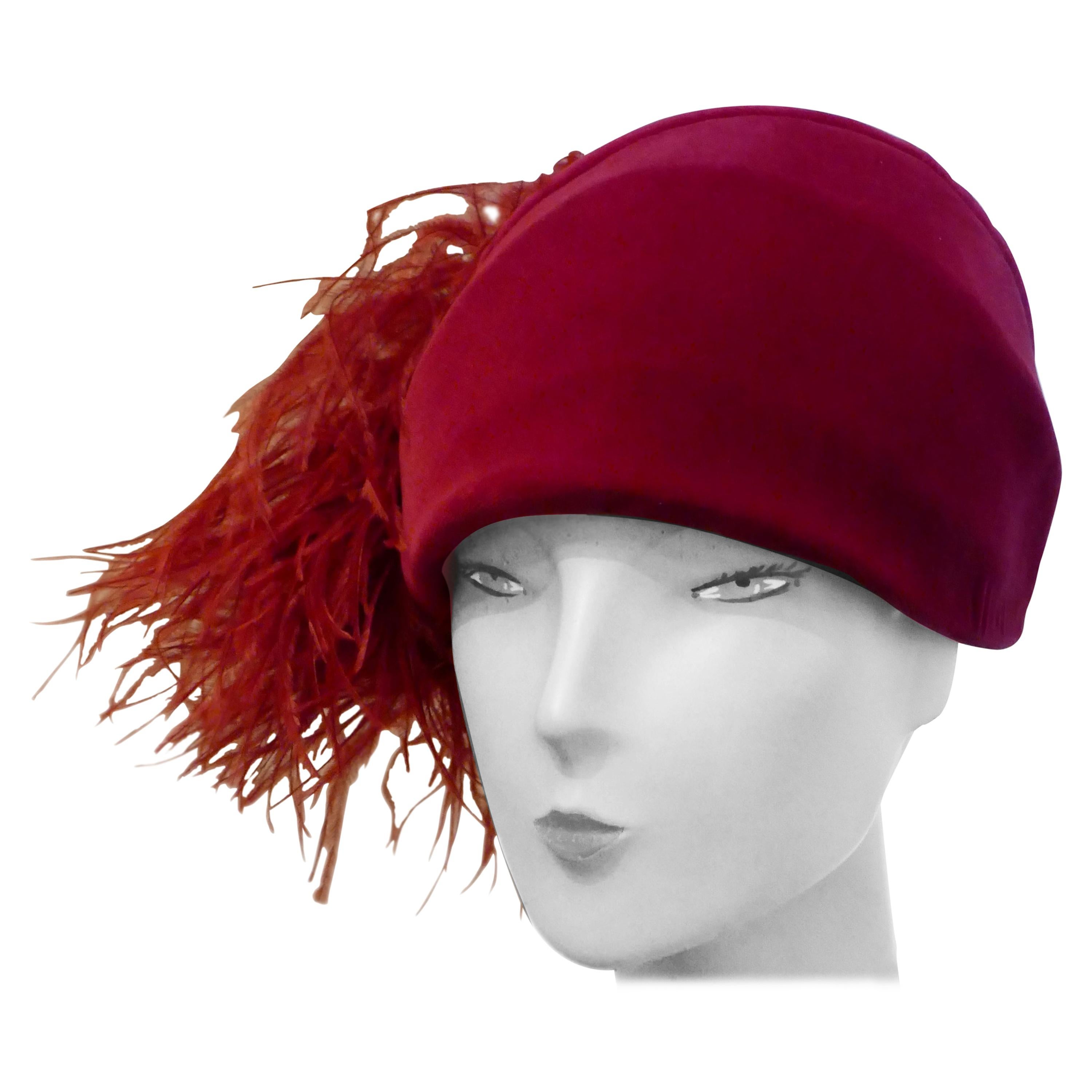 Original 1920s Vintage Red Velvet and Ostrich Feather Cloche Hat at 1stDibs