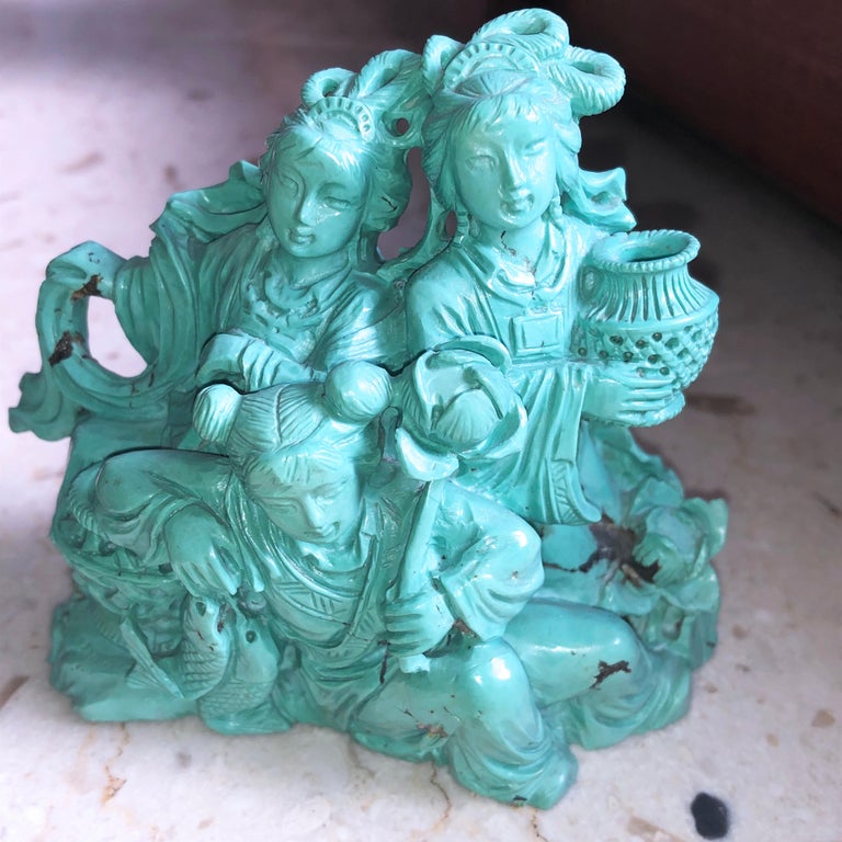 Original 1930 Chinese Export Natural Turquoise Three Dames Sculpture at ...